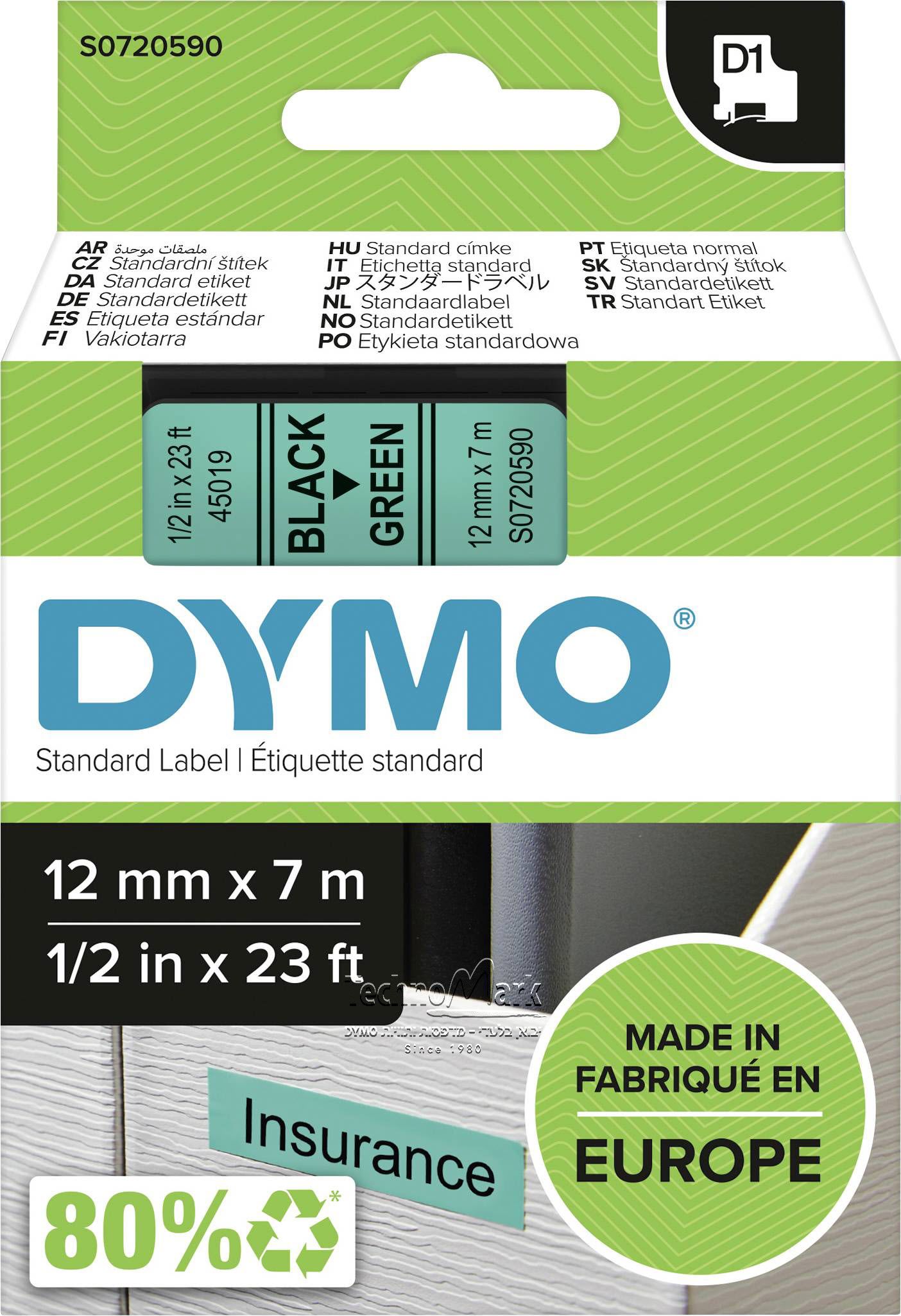 סרט דימו מקורי DYMO 45019 S0720590 שחור על רקע ירוק ברוחב 12 מ''מ ...